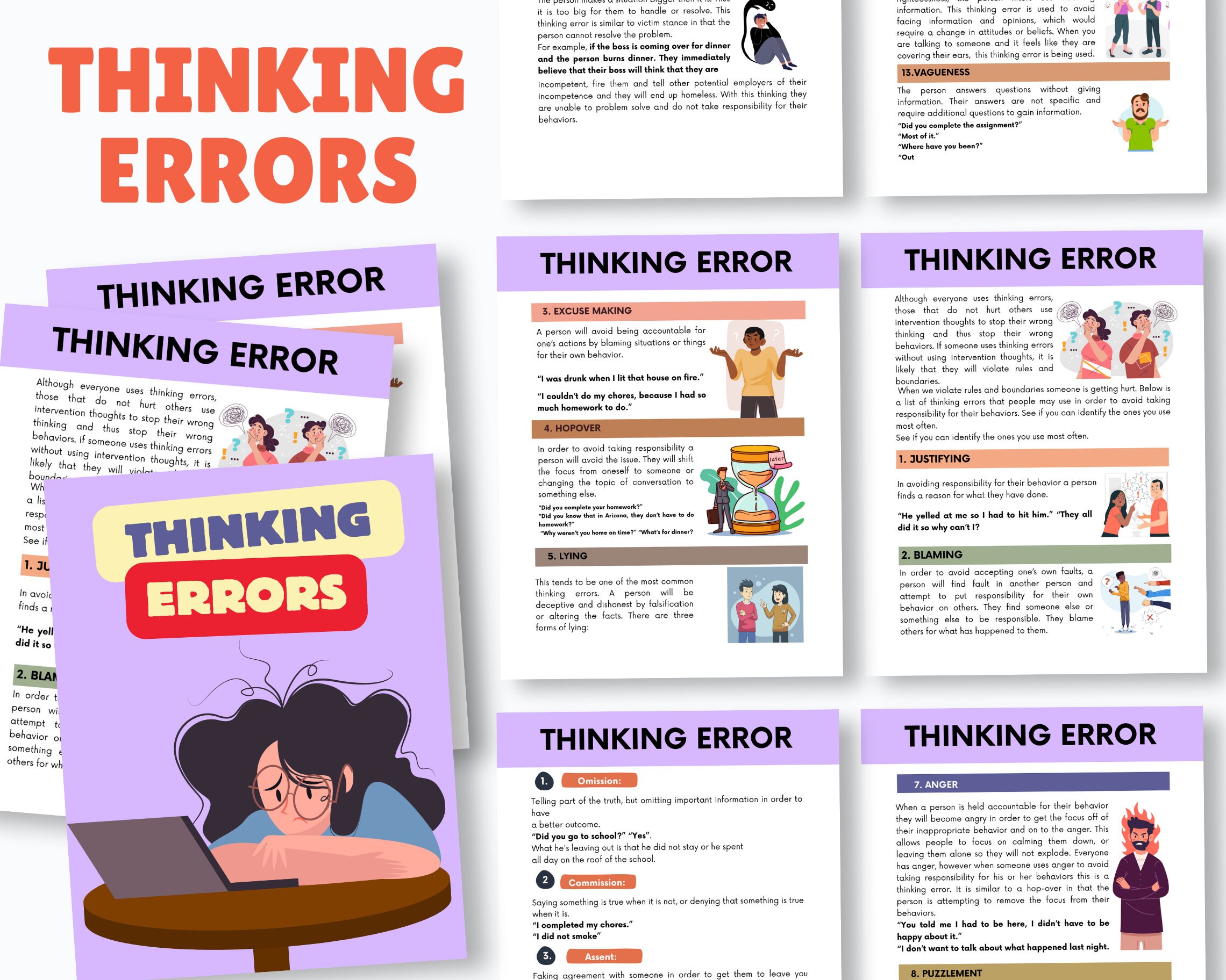 Understanding the Thinking Errors, Therapy Worksheets Bundle, Therapy ...