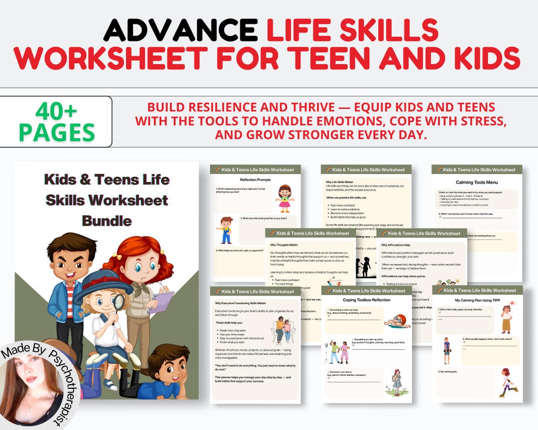 Kids Teen Life Skills Worksheet Bundle, Therapy Worksheets, Calming ...