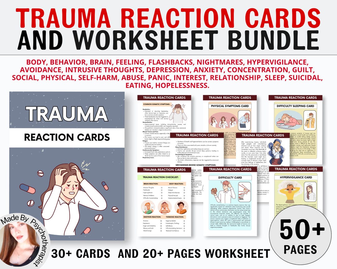 Trauma Therapy Worksheet Bundle, Trauma Reactions Cards, Trauma ...