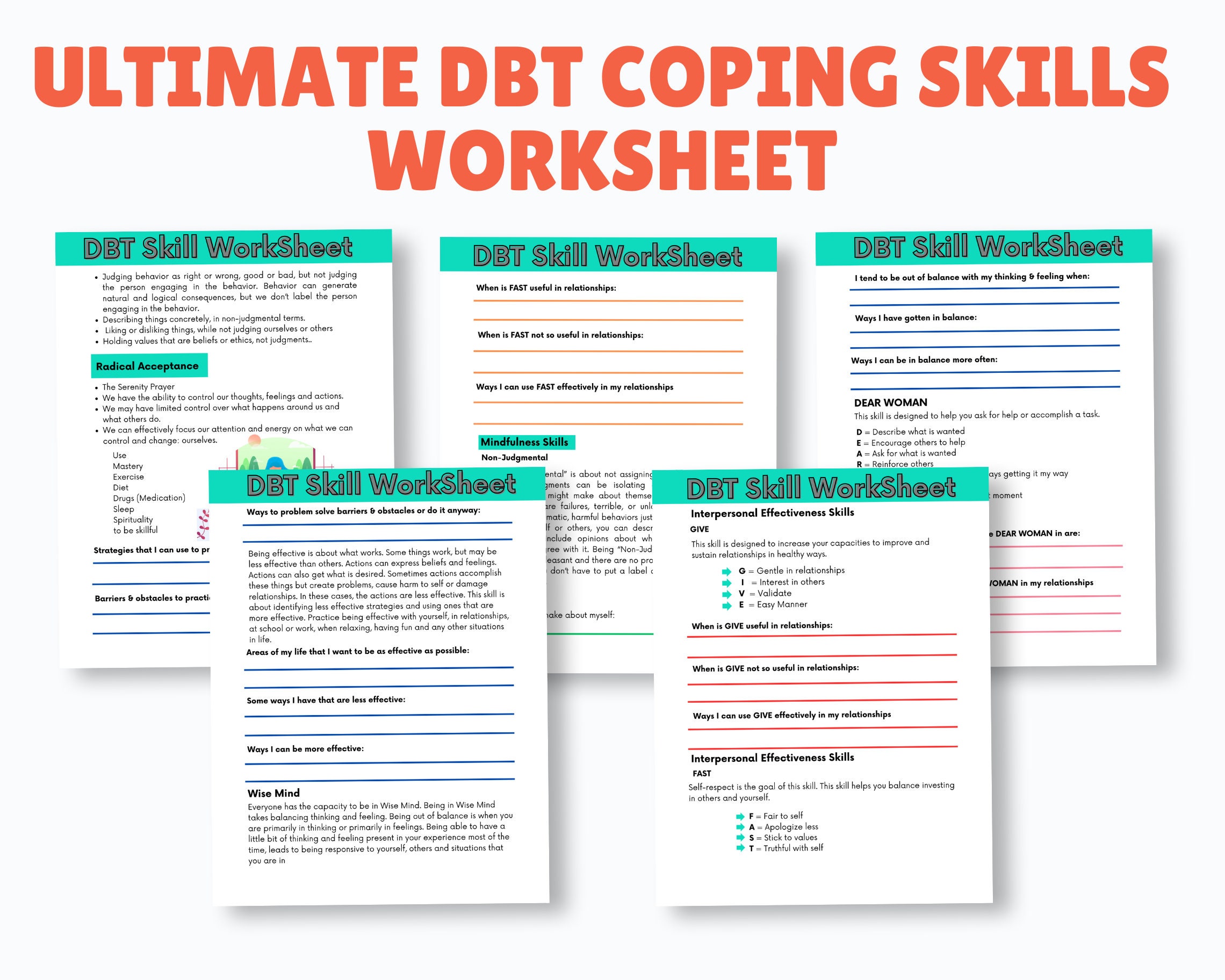DBT Bundle Coping Skills Printable Poster Handout Cheat Sheet ...