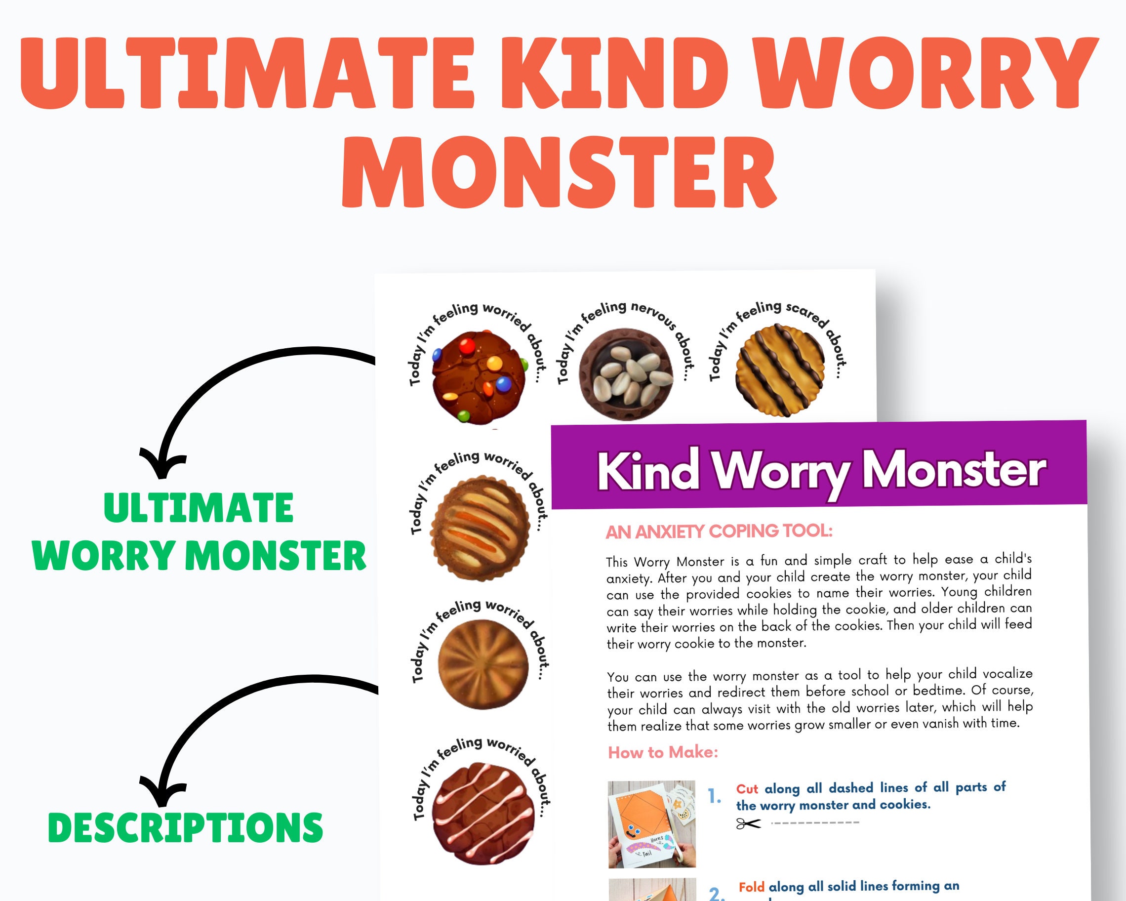 Worry Monster Anxiety Workbook for Kids, CBT Worksheets, Therapy Office ...
