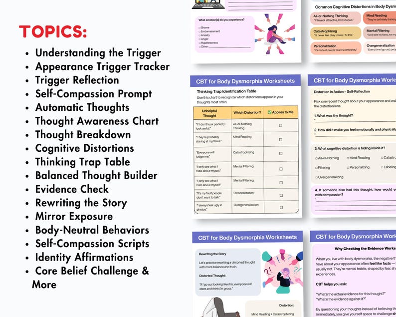 Body Dysmorphia Workbook, Body Dysmorphia Worksheets Therapy, Body ...