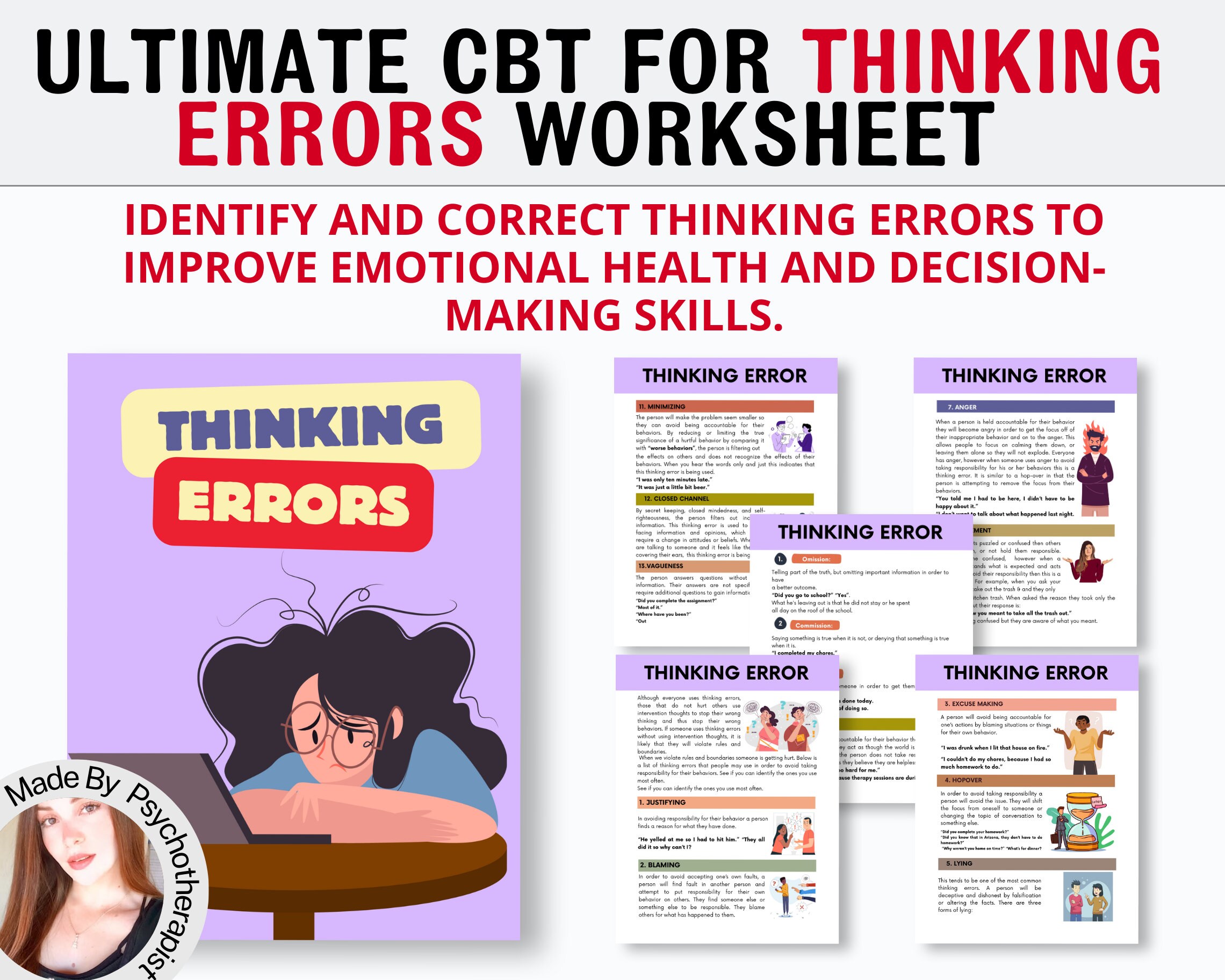 Understanding the Thinking Errors, Therapy Worksheets Bundle, Therapy ...