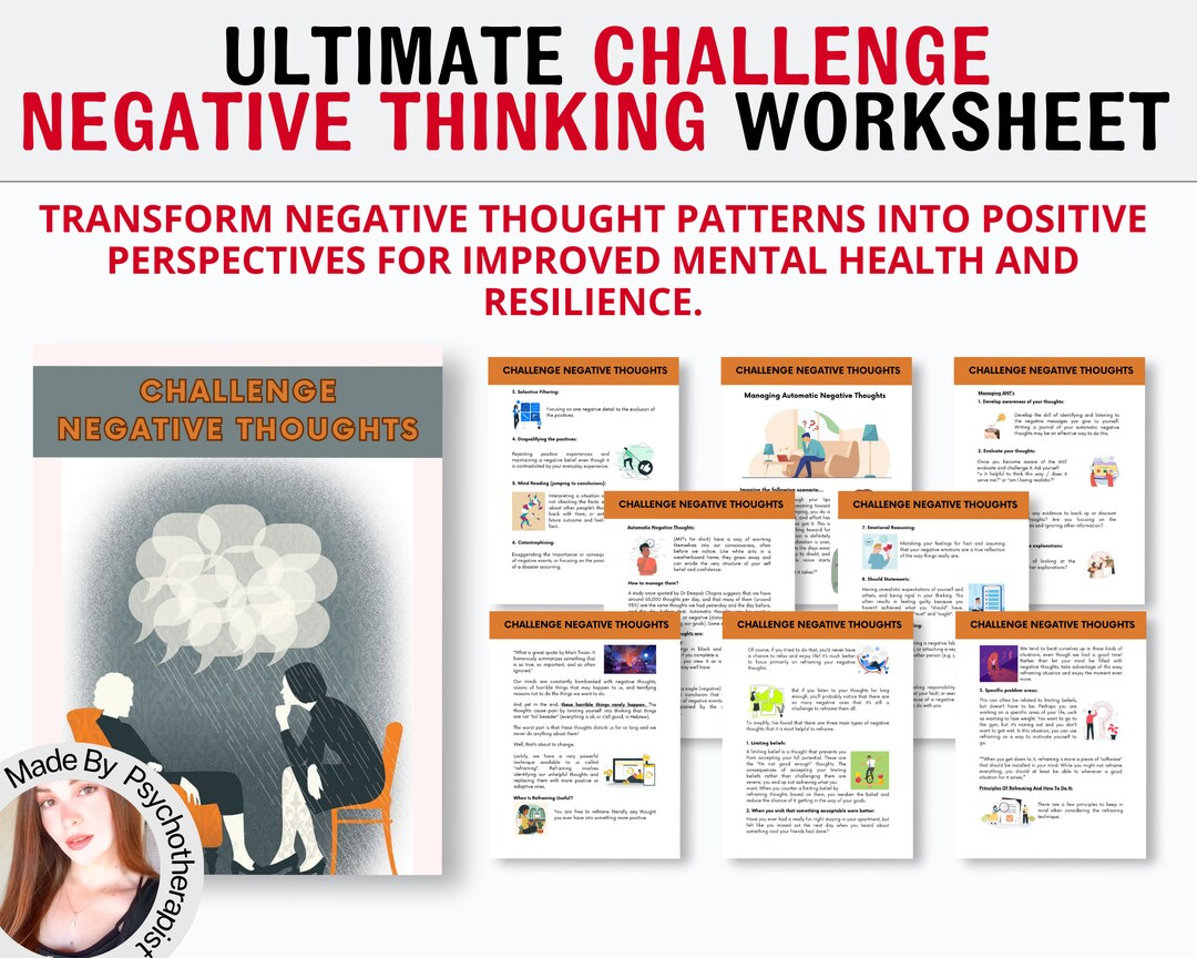 Challenging Negative Thoughts CBT Printable Worksheet Journal Inserts ...