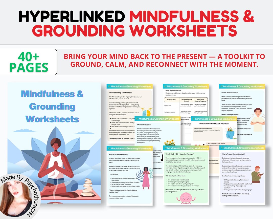 Mindfulness & Grounding Worksheets Hyperlinked, Mindfulness Worksheets ...