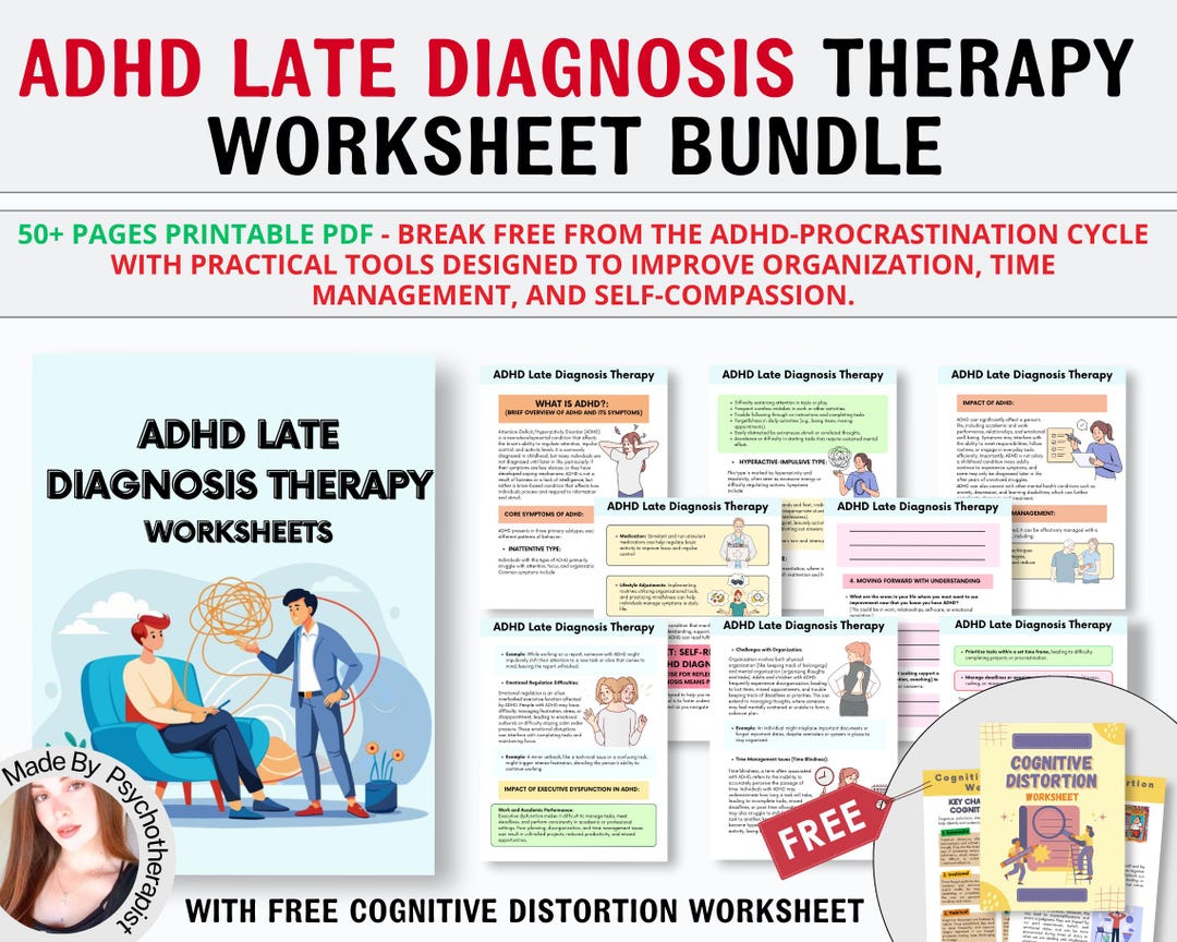 ADHD Late Diagnosis Therapy Worksheets for Adults & Teens Managing ADHD ...