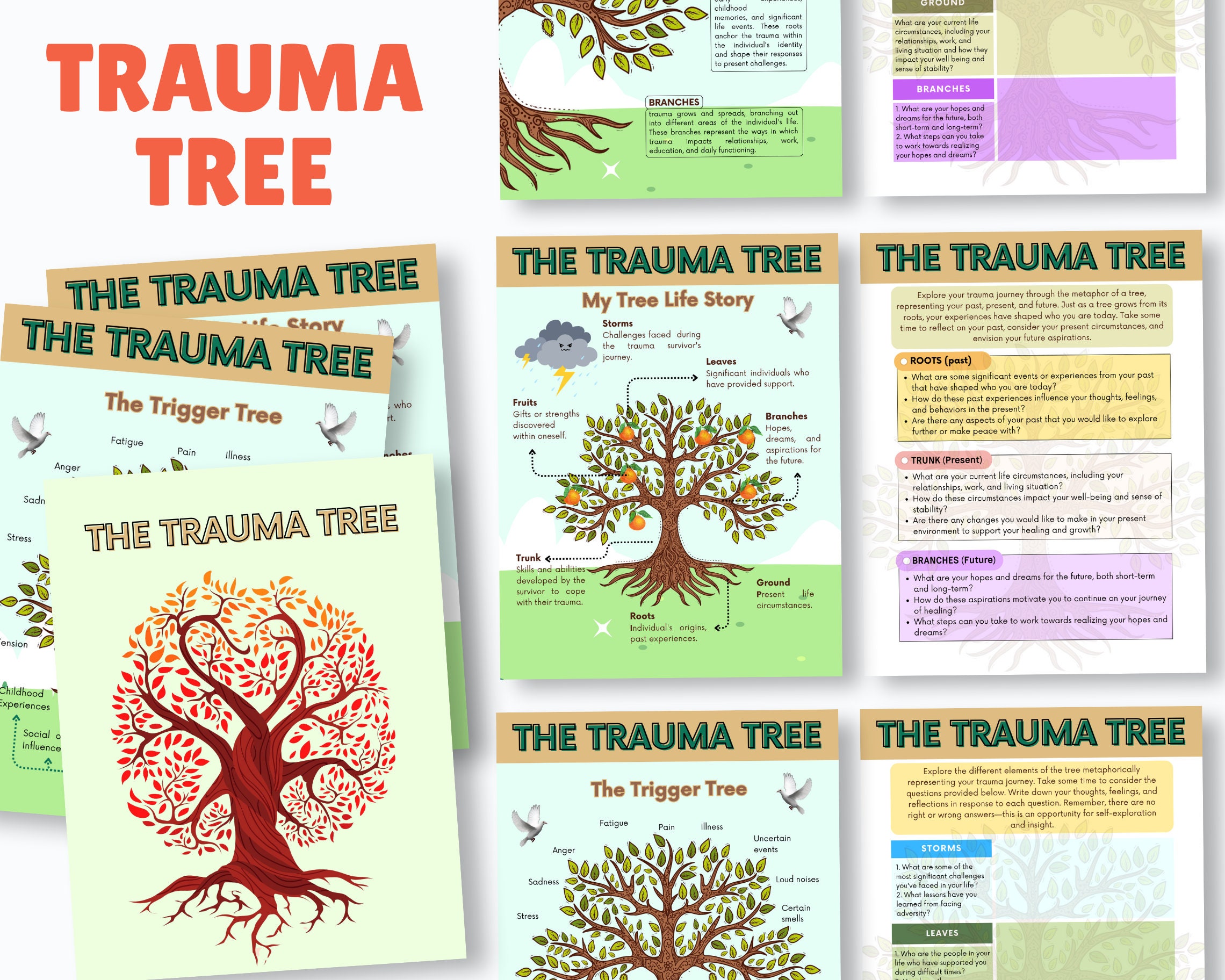 Trauma Tree Worksheet Bundle, Trauma Worksheets, PTSD Counseling ...