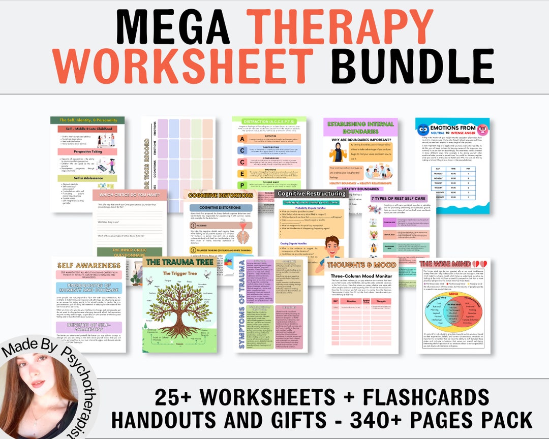 Therapy Worksheet Bundle, Psychology Resources, Inner Critic, Boundaries, Trauma, Acceptance ...