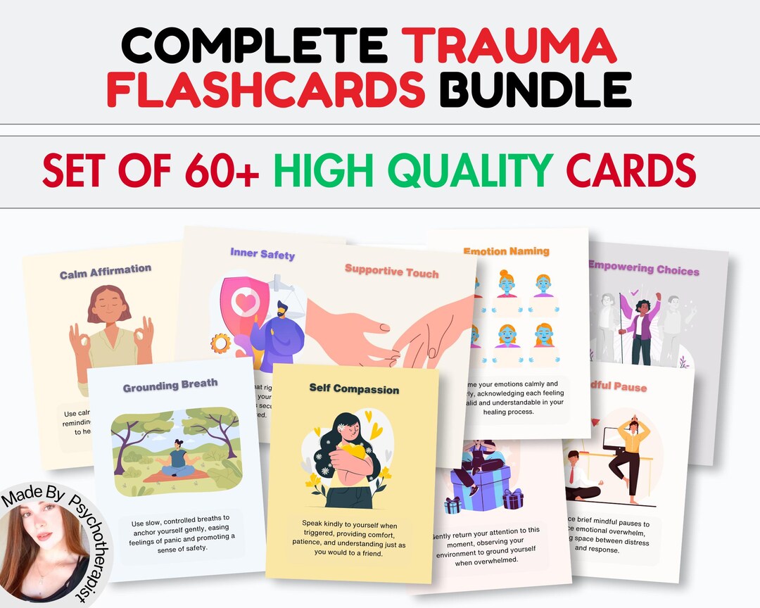 Trauma Therapy Flashcards Bundle, Trauma Worksheets, PTSD Counseling ...