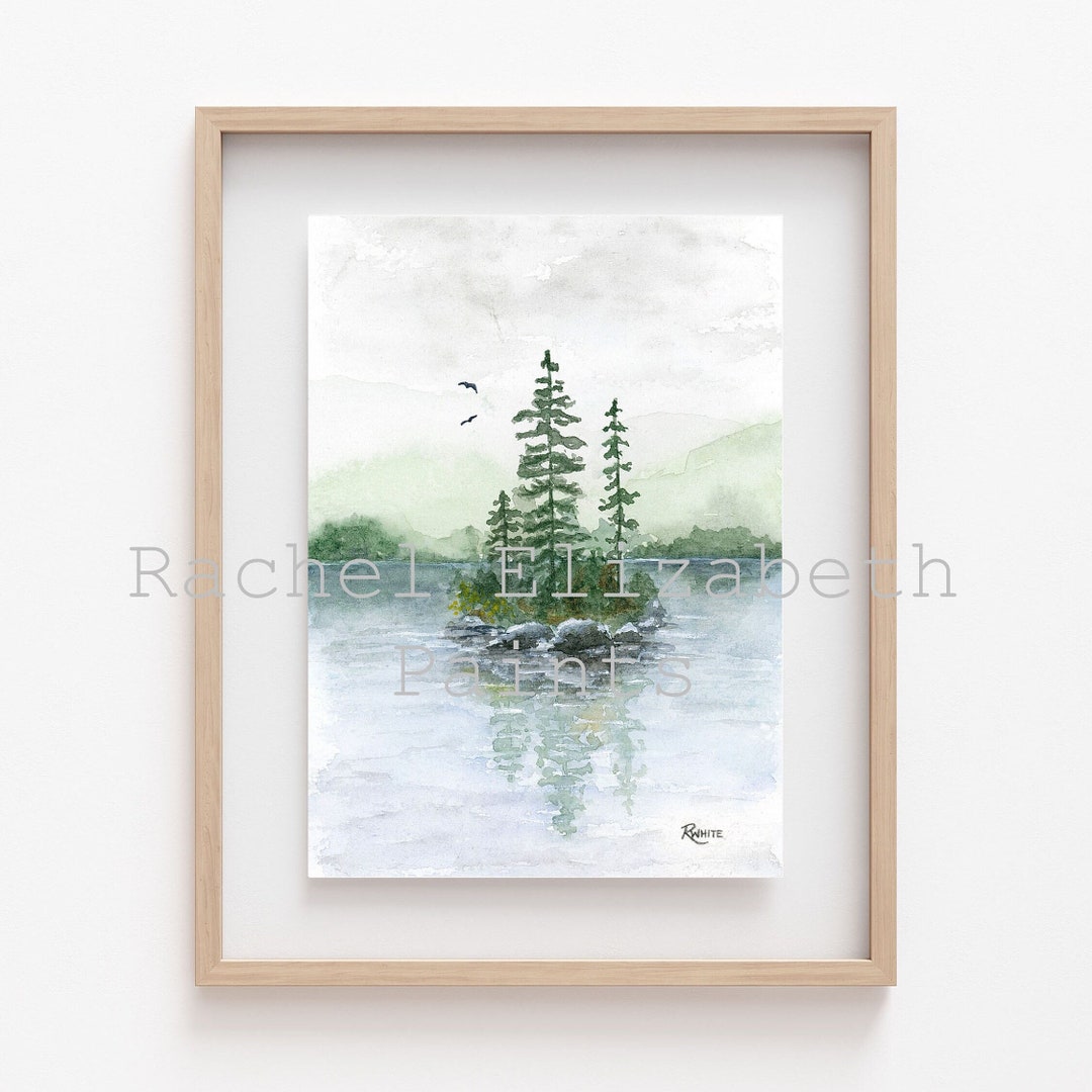Watercolour Lake Scene Art Print Trees Lake Painting Nature Wall Art ...