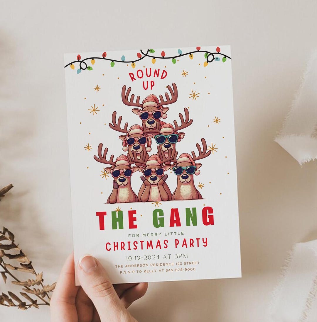 Reindeer Christmas Party Invitation Editable We're Rounding up the Gang ...