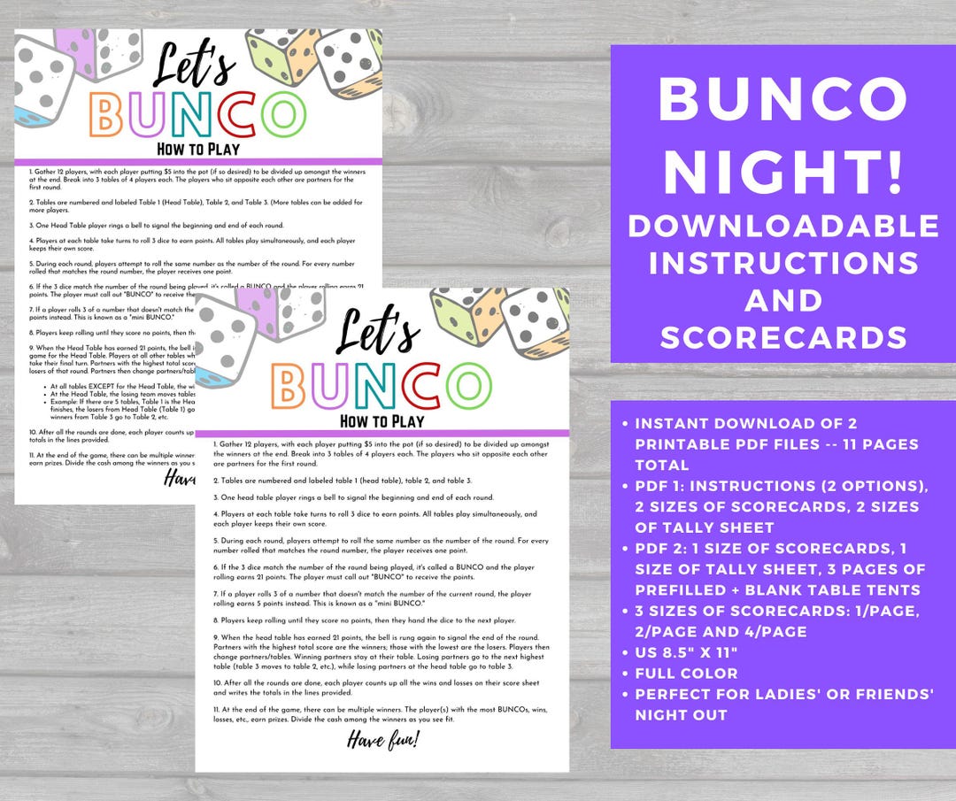 BUNCO Scorecard + Instructions | BUNCO Game Night | Ladies' Night Game ...