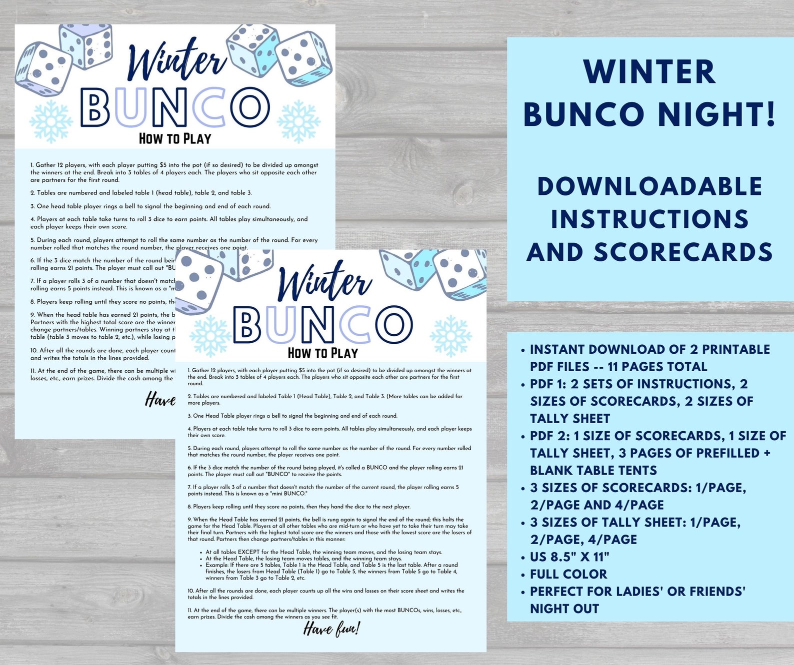 Winter BUNCO Scorecard + Instructions | Family Game Night | Ladies Game ...