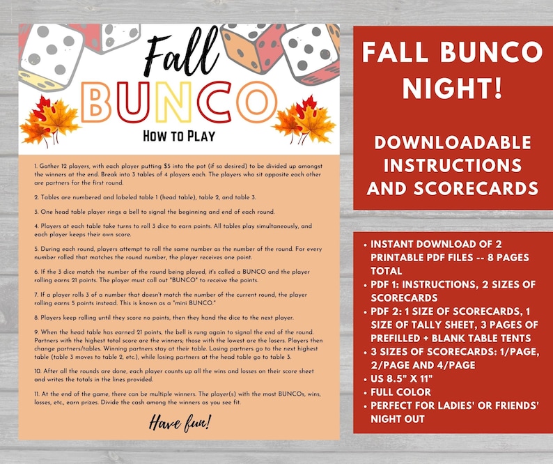 Fall Bunco Scorecard & Instructions | Ladies Game Night (digital ...