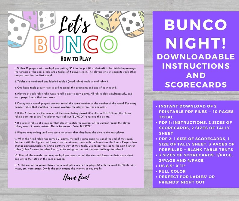 BUNCO Scorecard Instructions BUNCO Game Night Ladies' Night Game Dice ...