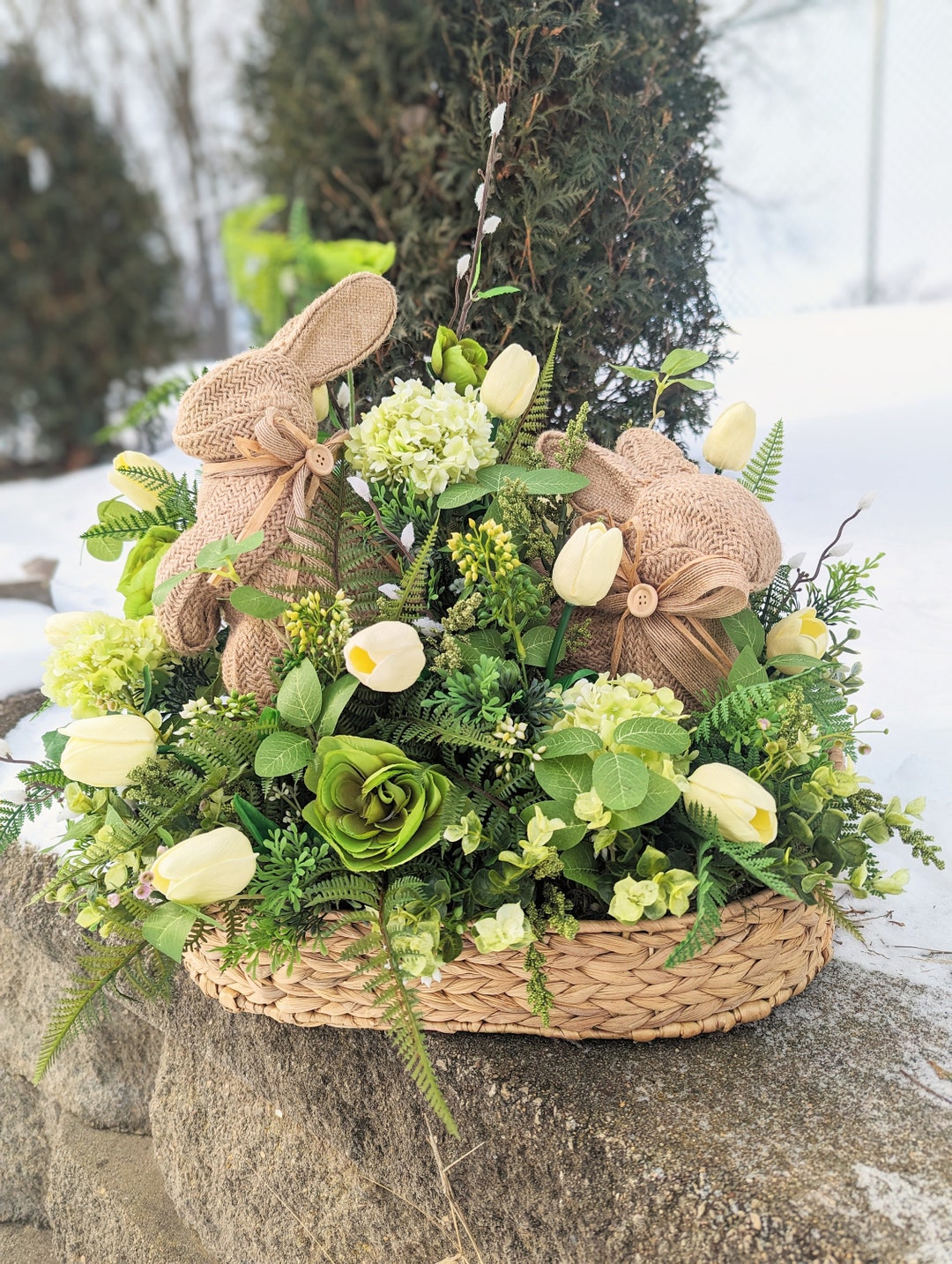 Spring Easter Wicker Tray Flower Arrangement; Brown Rabbit Floral ...