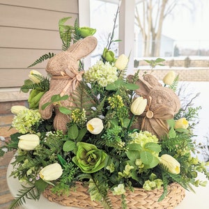 Spring Easter Wicker Tray Flower Arrangement Brown Rabbit Floral ...