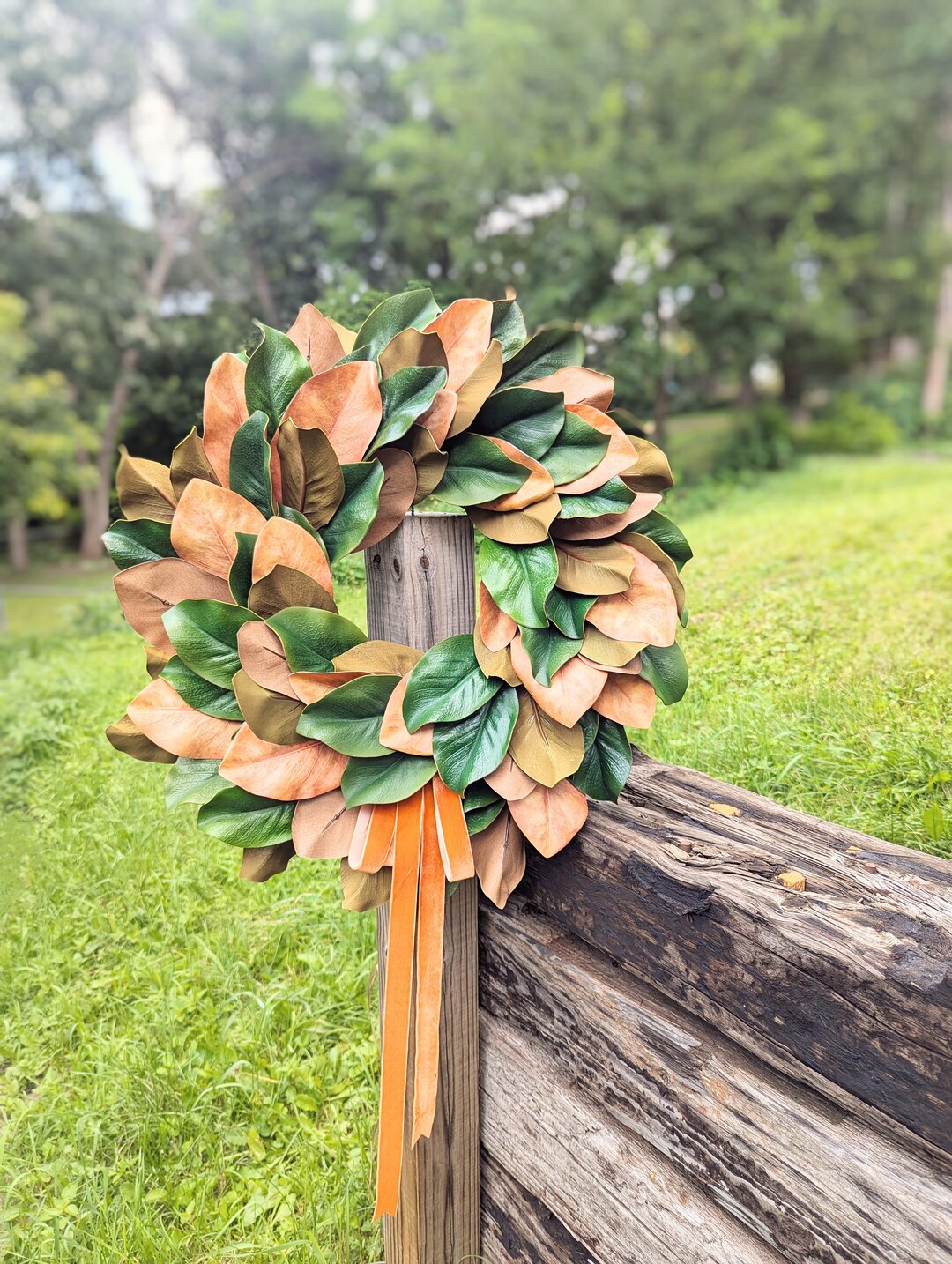 Fall Magnolia Wreath, Rust Orange Brown Magnolia Leaf Wreath, Farmhouse ...