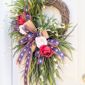 Patriotic Cascade Saw Grass Wreath for Front Door; American Flag Red ...