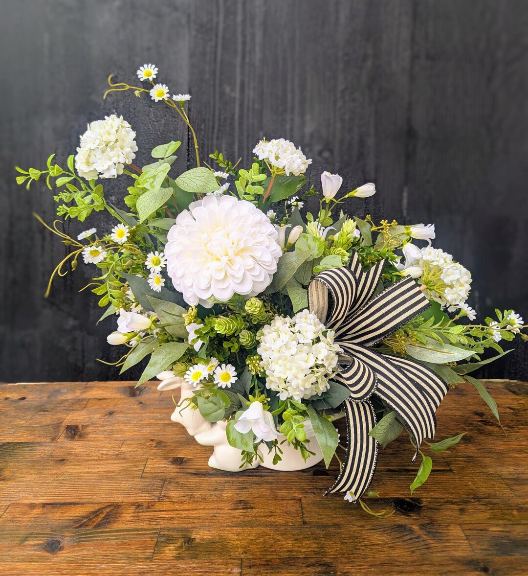 White Easter Floral Centerpiece: Snowball Flowers, Black & White Bow - Etsy