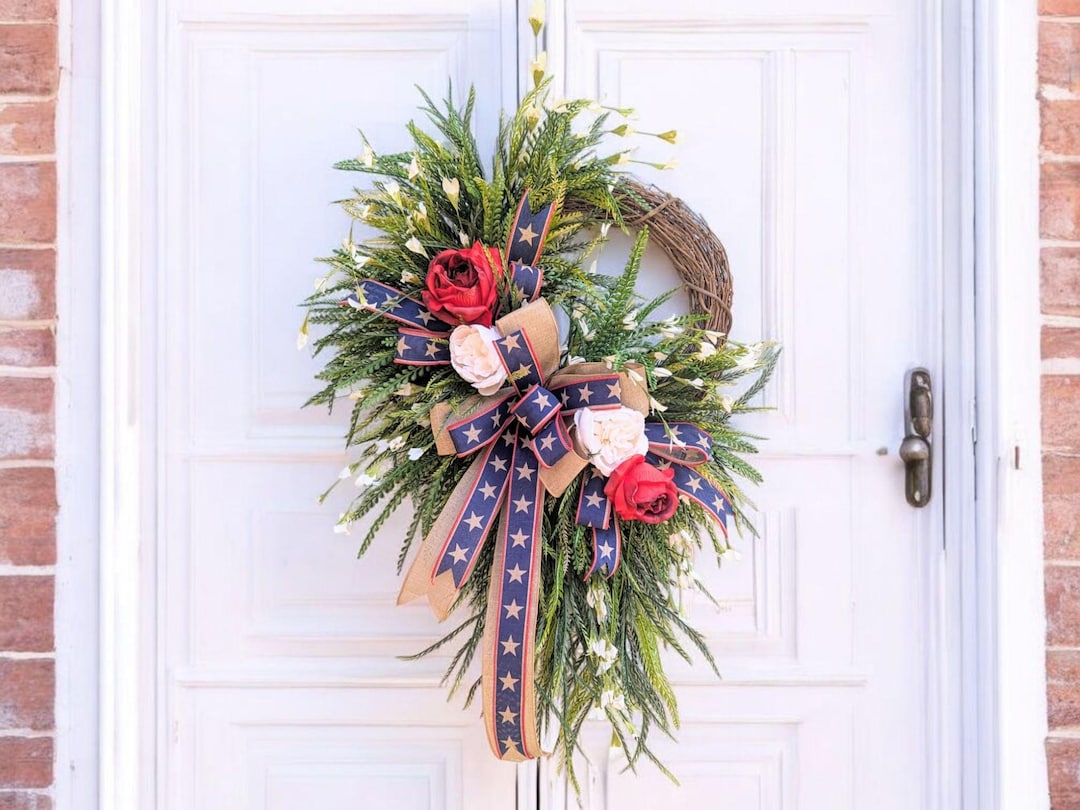 Patriotic Cascade Saw Grass Wreath for Front Door; American Flag Red ...