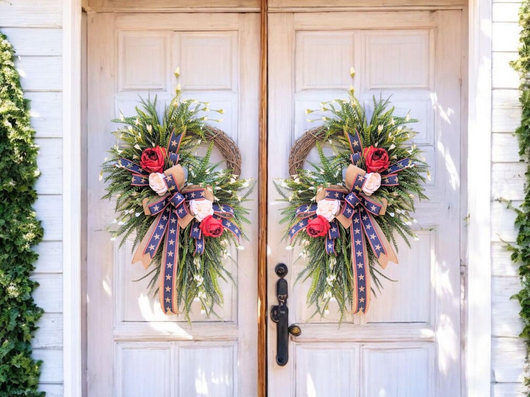 Patriotic Cascade Saw Grass Wreath for Double Door; American Flag Red ...