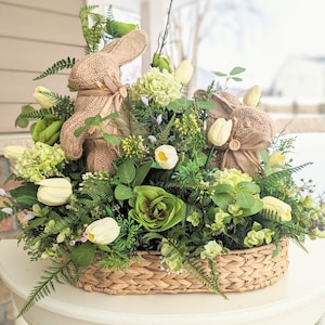 Spring Easter Wicker Tray Flower Arrangement Brown Rabbit Floral ...