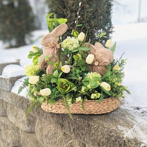 Spring Easter Wicker Tray Flower Arrangement Brown Rabbit Floral ...