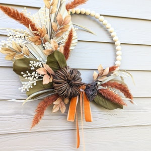 Boho Wood Bead Wreath With Pampas Grass Neutral Boho Fall Front Door ...
