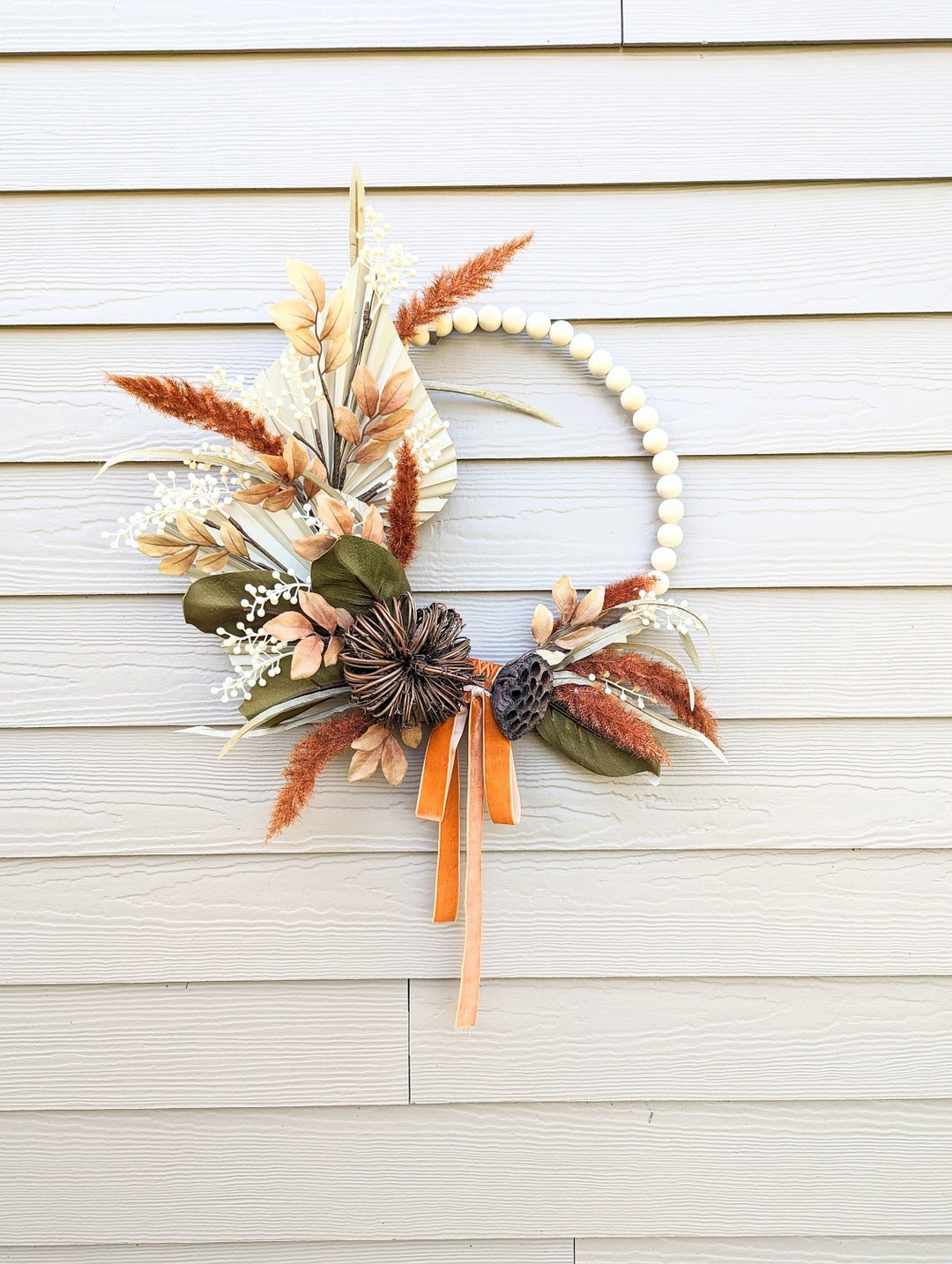 Boho Wood Bead Wreath With Pampas Grass Neutral Boho Fall Front Door ...
