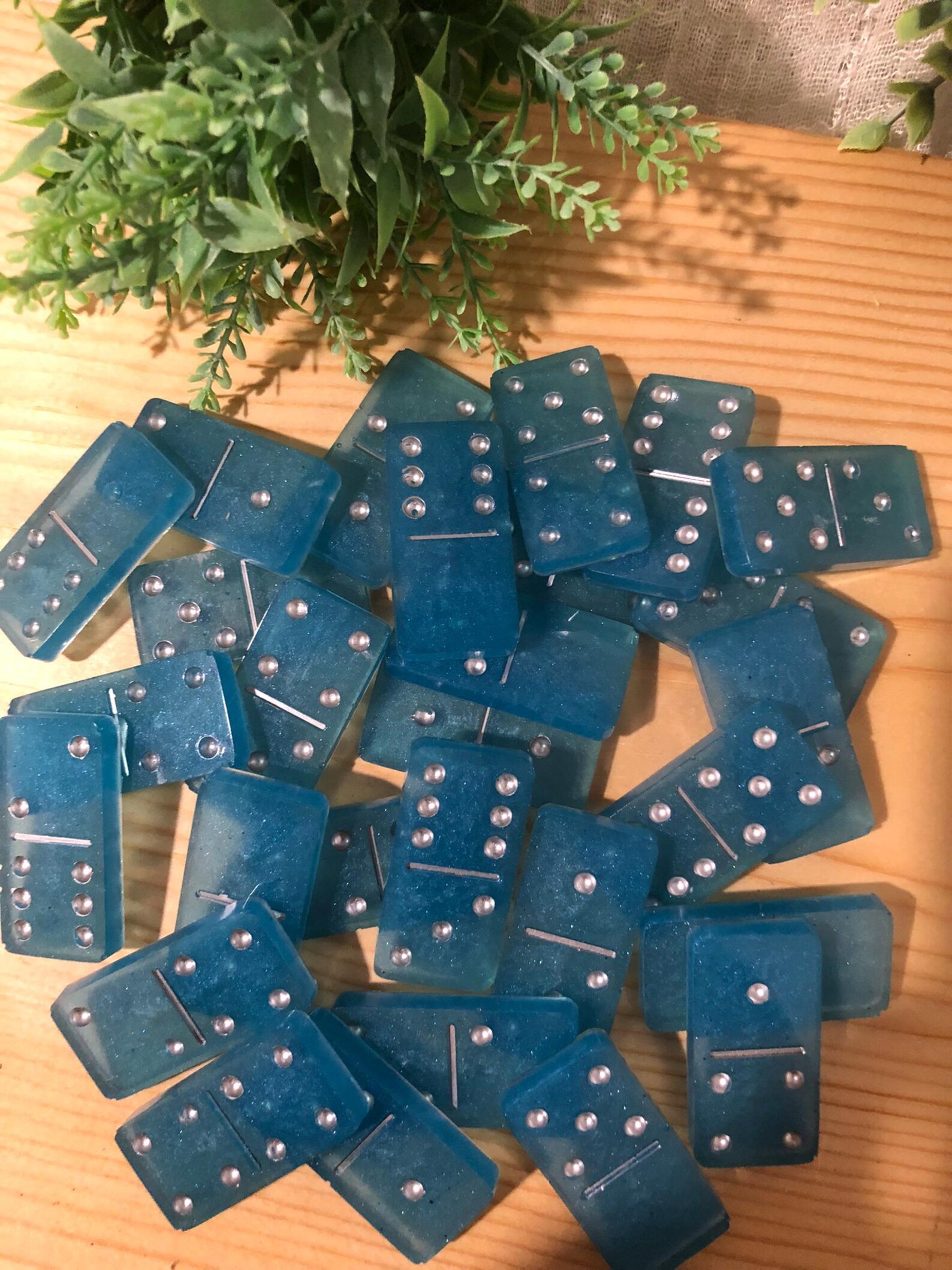 Handmade Resin Domino Set – Glossy Blue Dominoes With Silver Pips ...