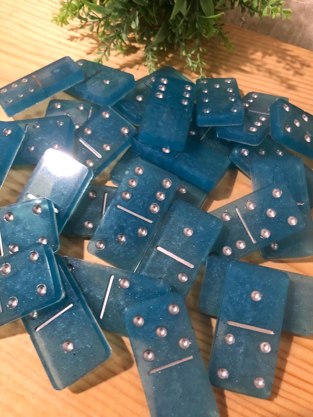 Handmade Resin Domino Set – Glossy Blue Dominoes With Silver Pips ...