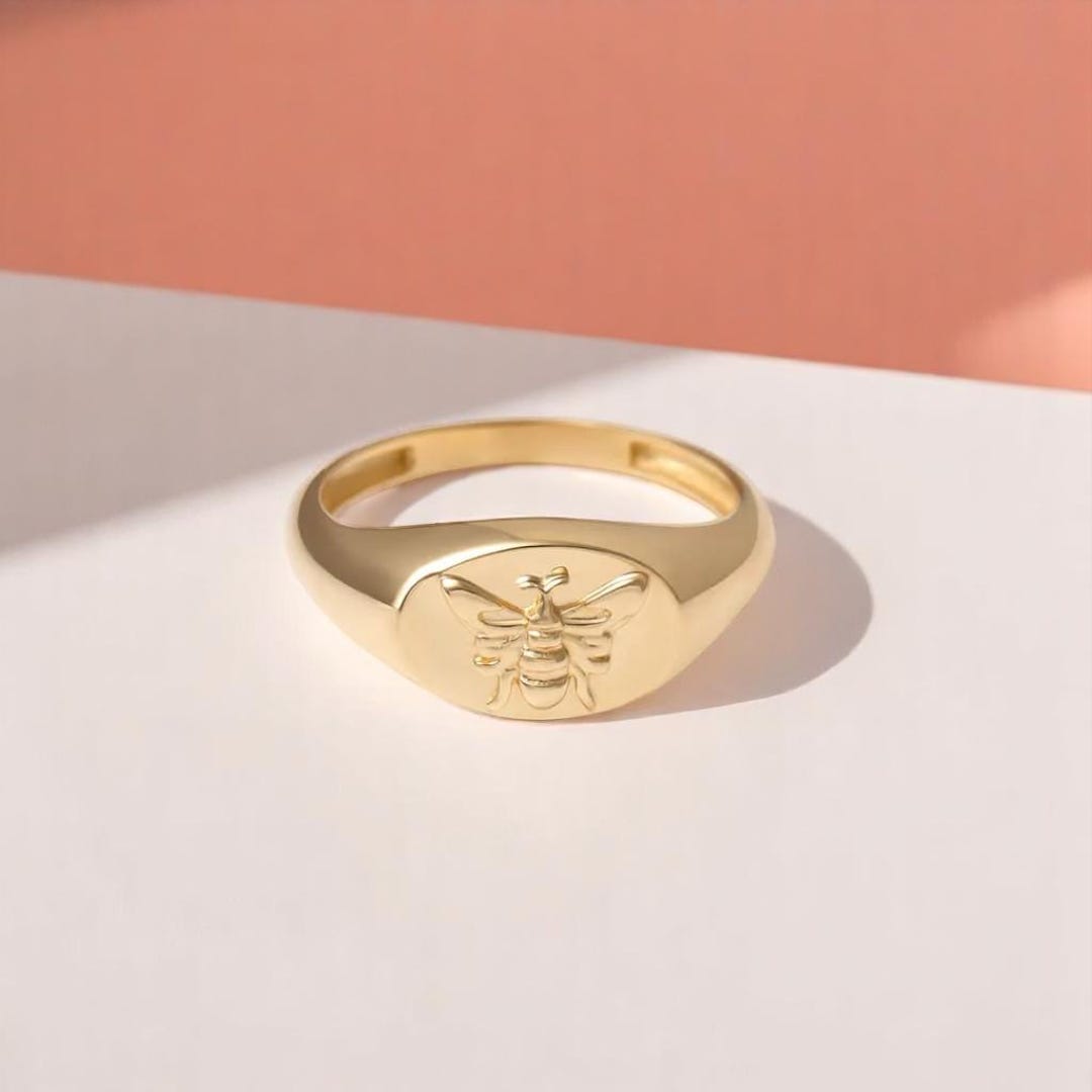 Gold Bee Ring • Honey Bee Signet Ring • Pinky Ring for Women • Sterling ...