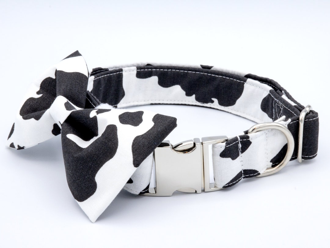 Cow Print Dog Collar With Embroidery & Bowtie, Custom Animal Print ...