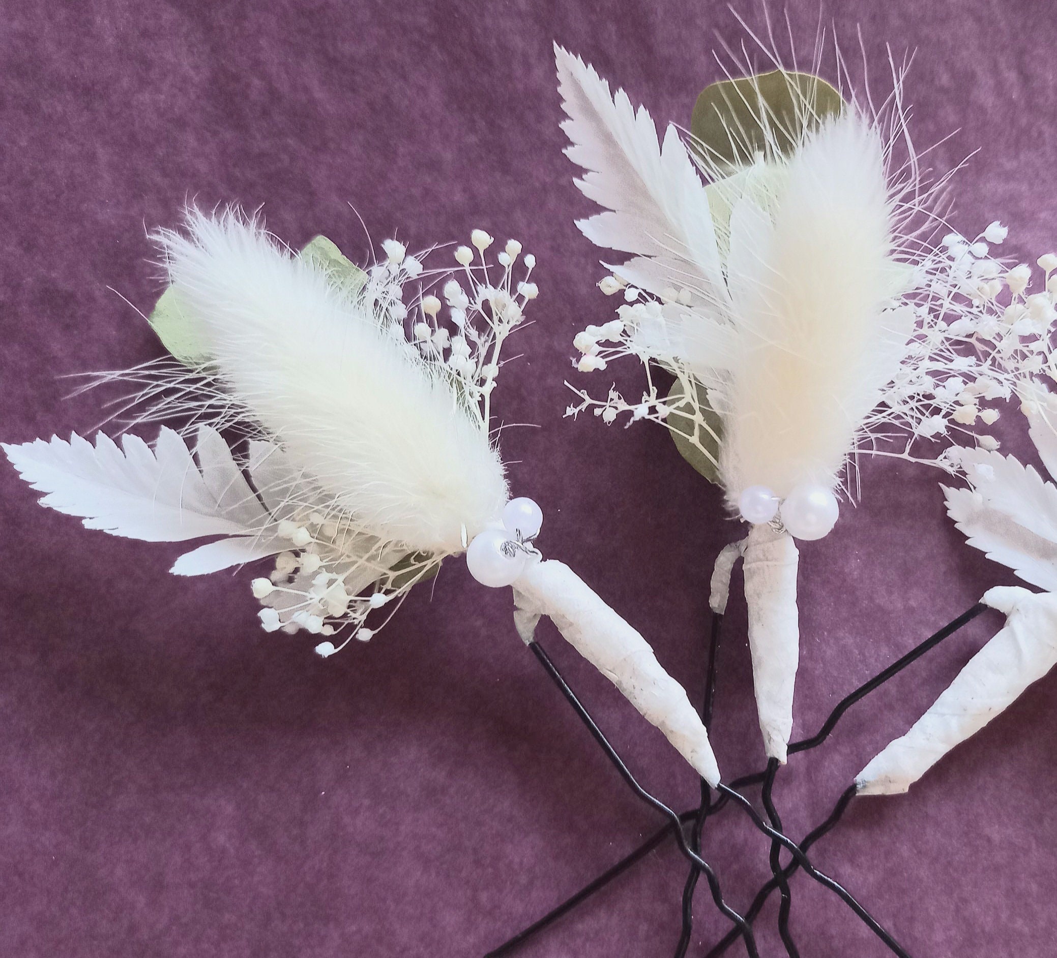 Winter Wedding Hair Pins/ Fern Leaf Hair Pins/ White Dried Flower Hair ...
