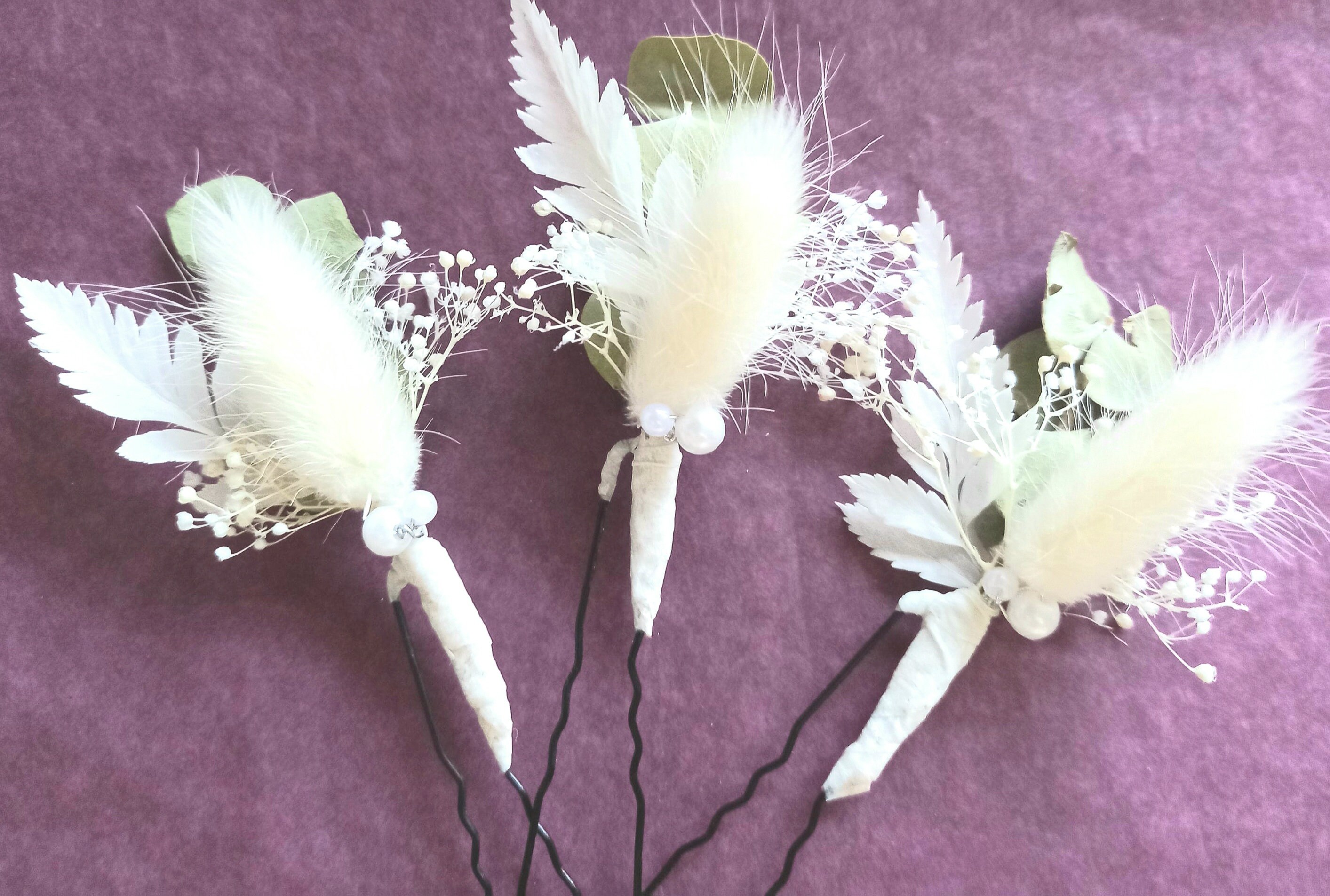 Winter Wedding Hair Pins/ Fern Leaf Hair Pins/ White Dried Flower Hair ...