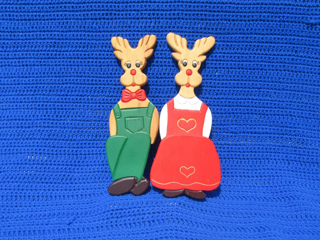 Vintage Hand Painted Wooden Mr. & Mrs. Reindeer Shelf Sitters - Etsy
