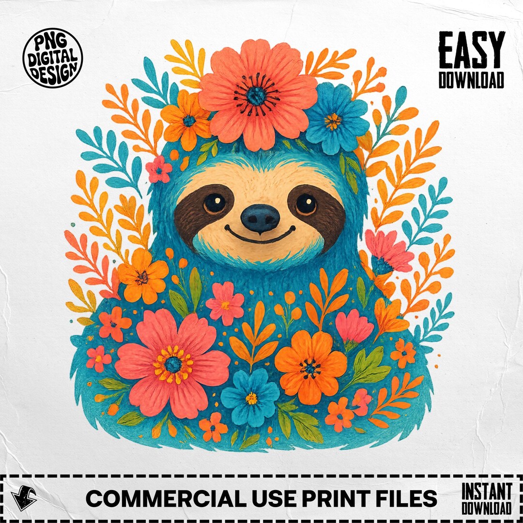 Floral Sloth PNG, Sloth Clipart, Flower Png, Cute Animal, Boho Sloth ...