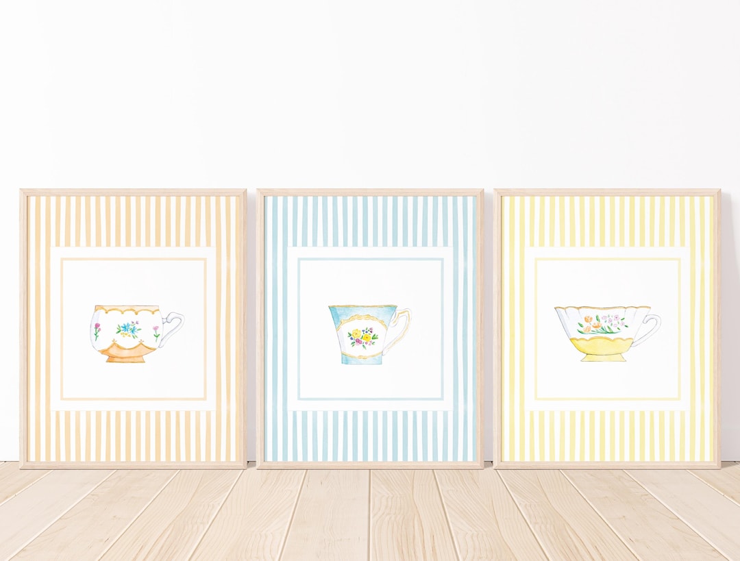 Floral Watercolor Teacup Striped Art Prints | Grandmillenial Teacup Art ...