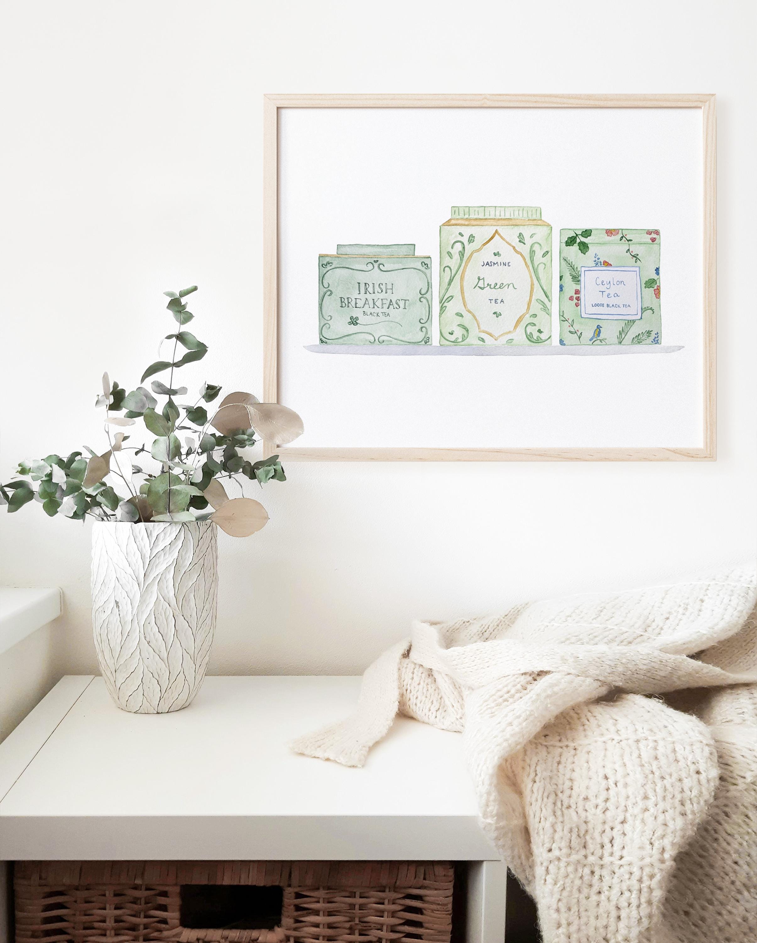 Green Tea Tins Watercolor Art Print | Green Kitchen Art 8x10 | Tea ...