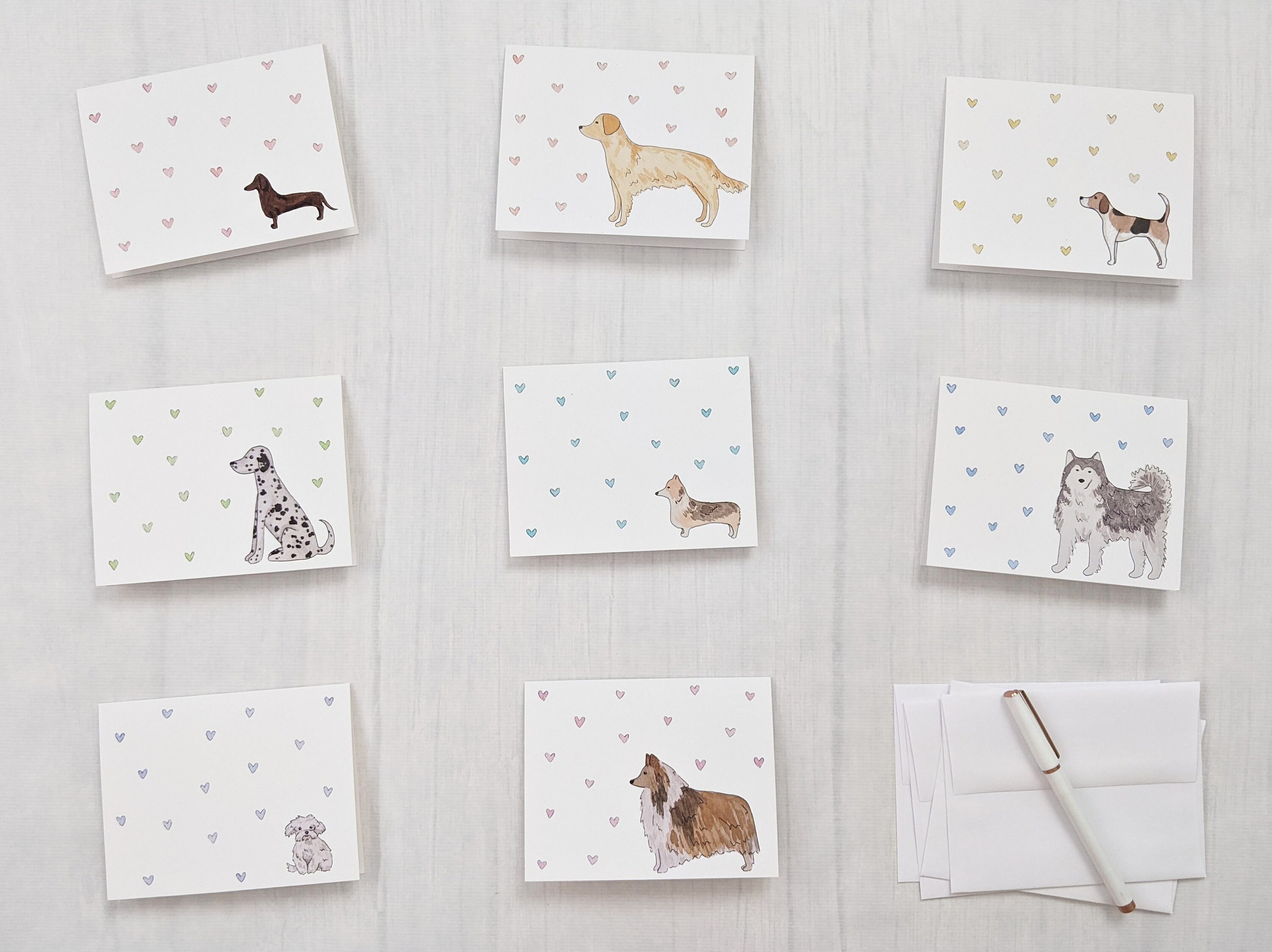 Set of 8 Assorted Watercolor Dog Greeting Cards With Tiny Hearts Dog ...
