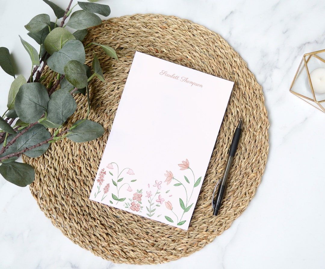 Pink Watercolor Flowers Personalized Notepad | Floral Paper Pad ...