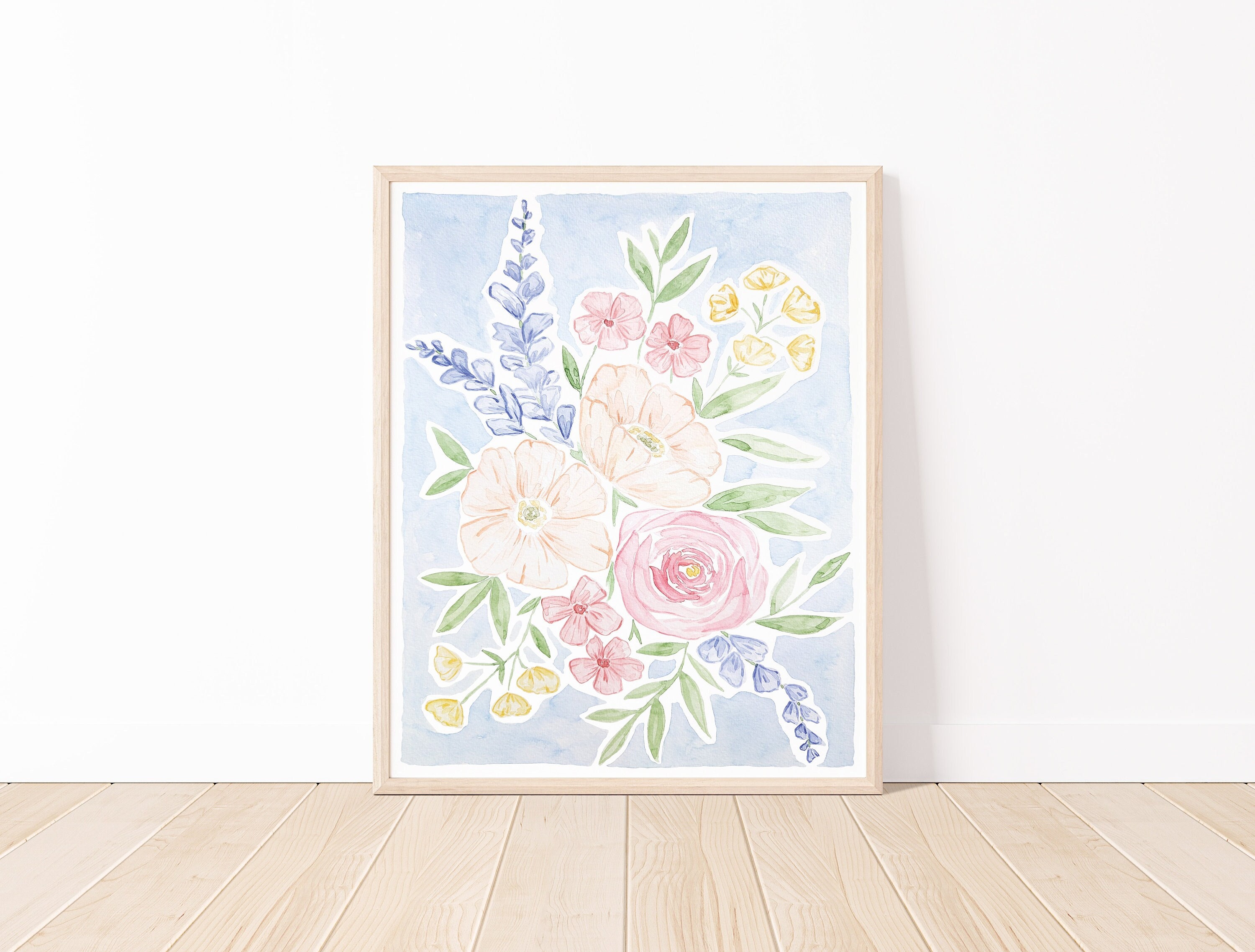 Watercolor Flowers 8x10 Art Print | Multicolored Flowers on Blue ...