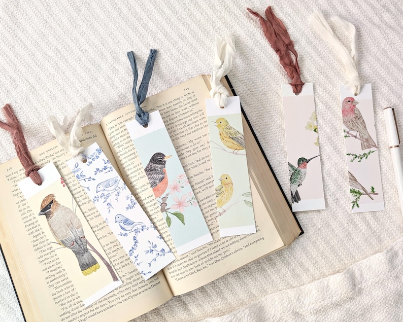 Watercolor Art Print Bookmarks With Silk Chiffon Ribbon | Bird ...