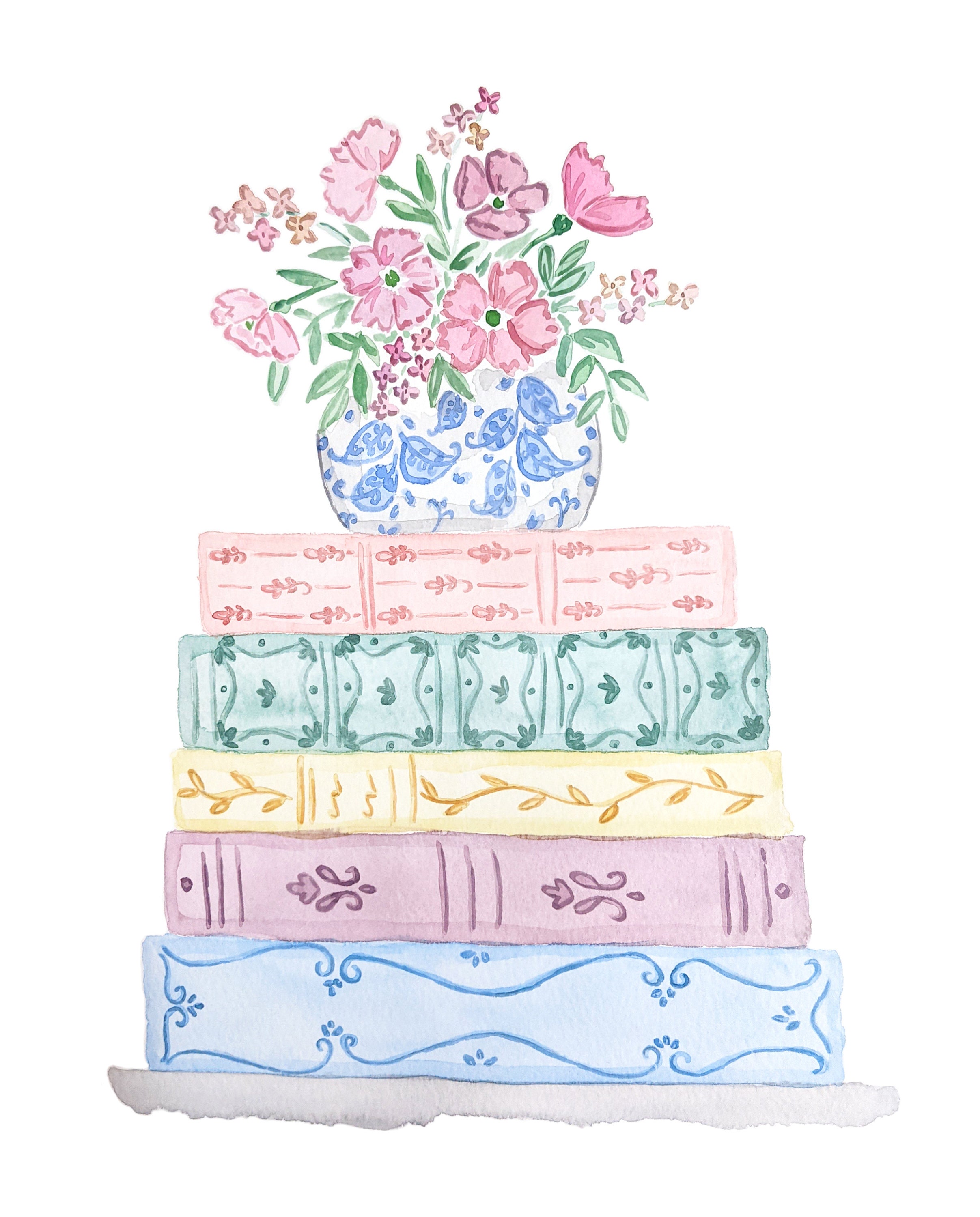 Watercolor Book Stack 8x10 Art Print With Colorful Vintage Books and ...