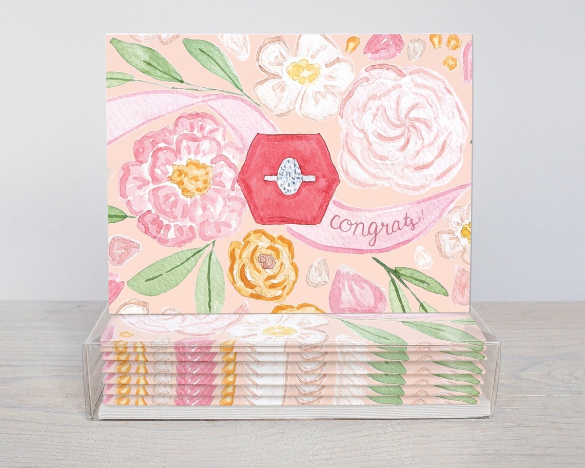 Pink Floral Watercolor Engagement Ring Congrats Greeting Card - Etsy