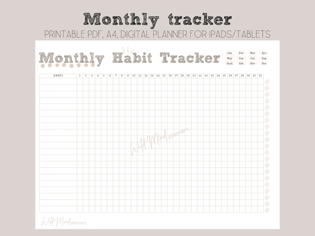 Monthly Habit Tracker Printable Landscape, Habit Tracker Template ...