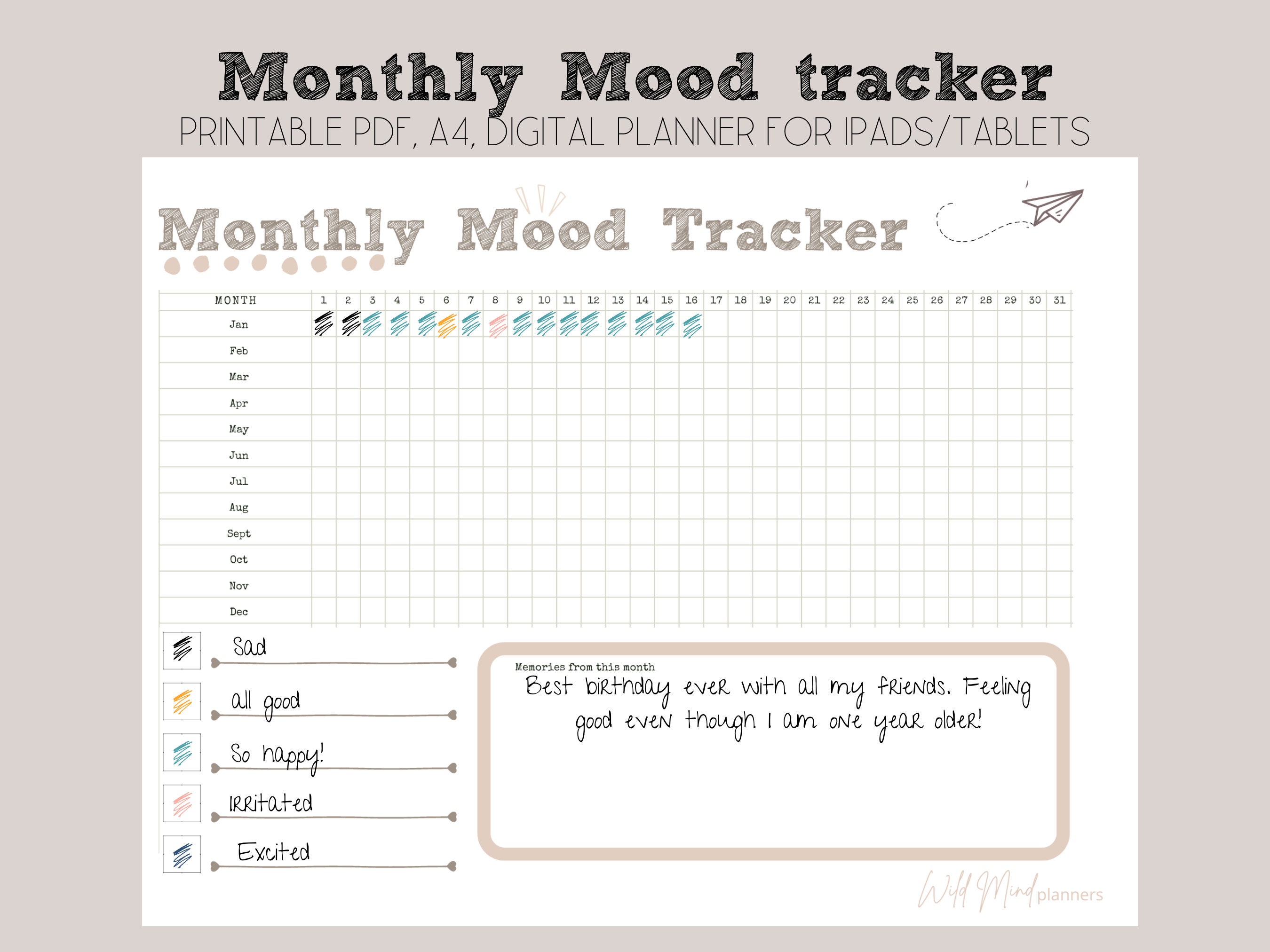 Monthly Mood Tracker Printable Landscape, Mood Tracker Template ...