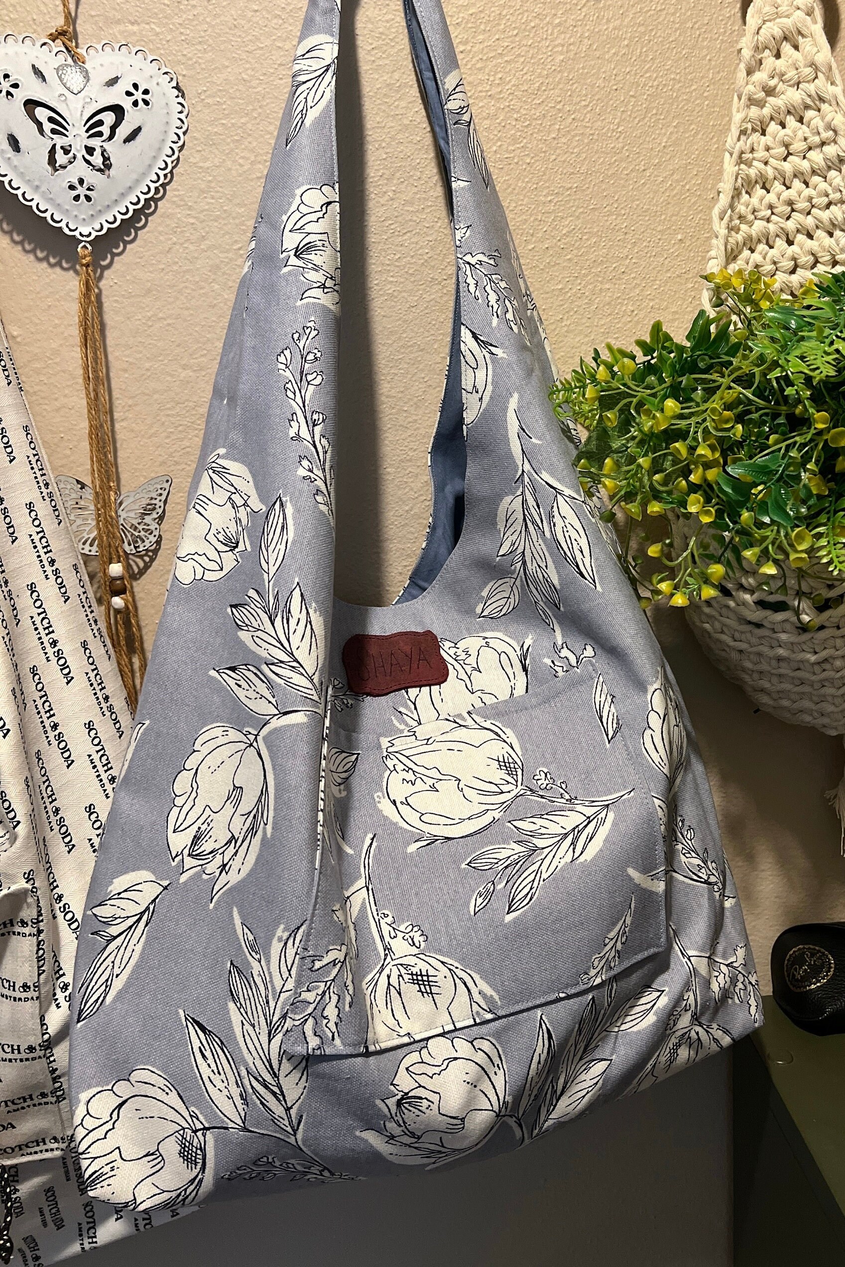 Light Blue and White, Floral Pattern Fabric Bag, Hobo, Shoulder Bag ...