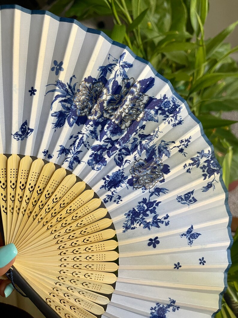 Floral Blue Folding Hand Fan - Etsy